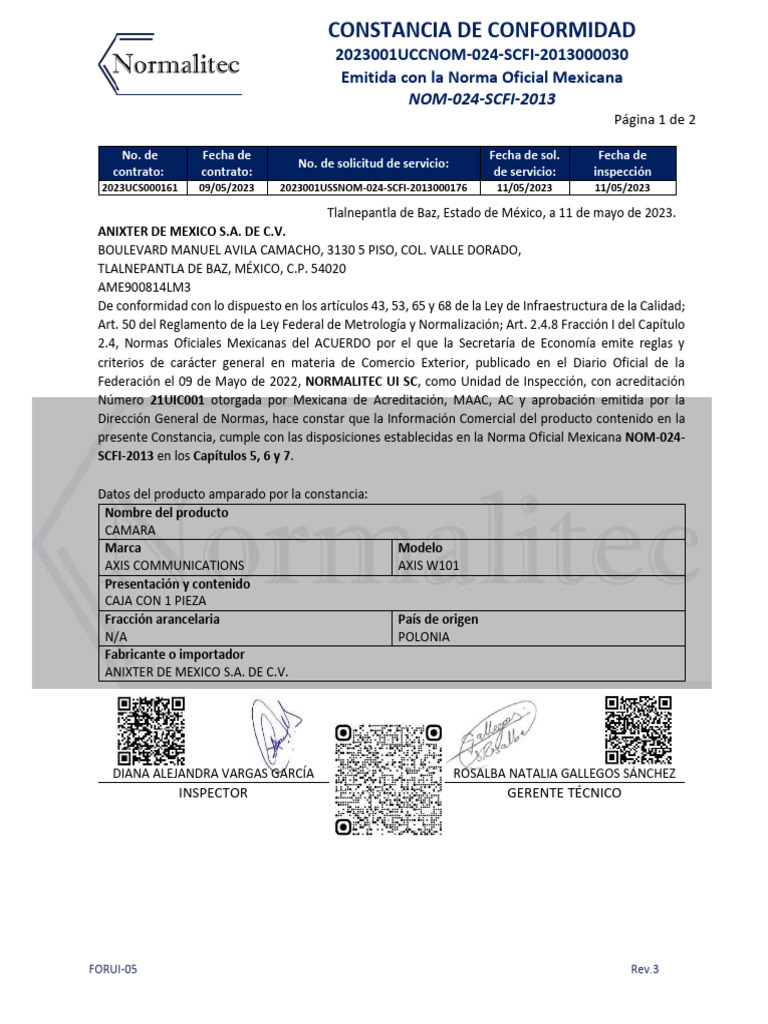 NOM-024-SCFI-2013 Cámara Axis W101 | PDF