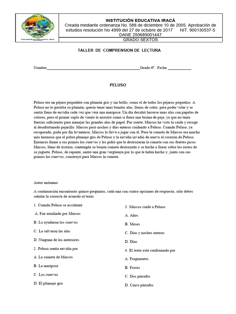 Taller Lectura 6º: Fábula de Peluso | PDF