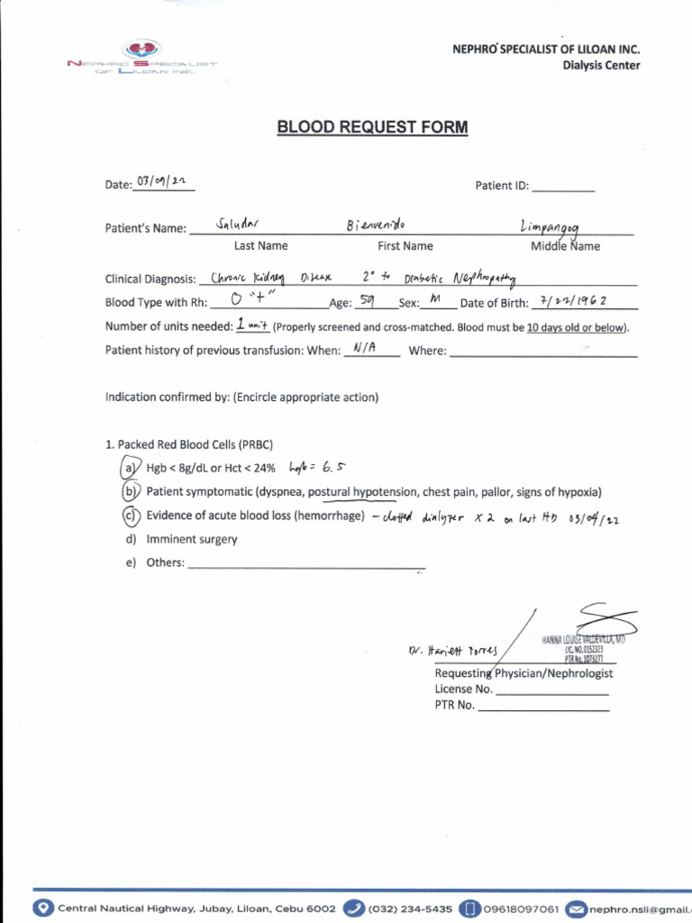 Blood Request Form - Saludar | PDF