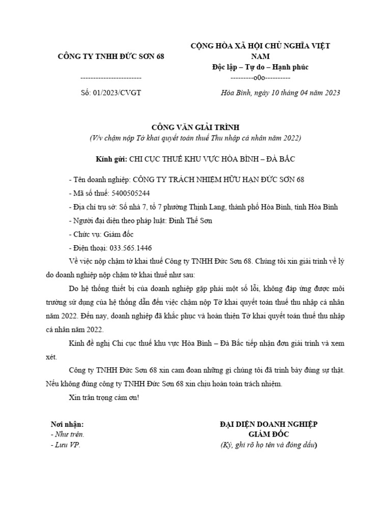 Mau Cong Van Giai Trinh Voi CQ Thue | PDF