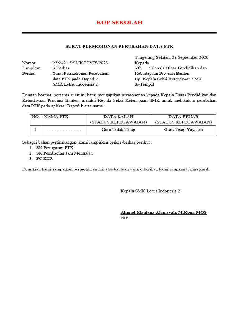 Contoh Surat Permohonan Perubahan Data PTK Di Dapodik 2020 | PDF