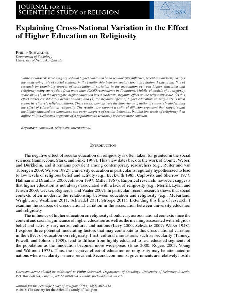 Schwadel 2015 Explaining Cross-National Variation in The Effect of Higher Education On ...