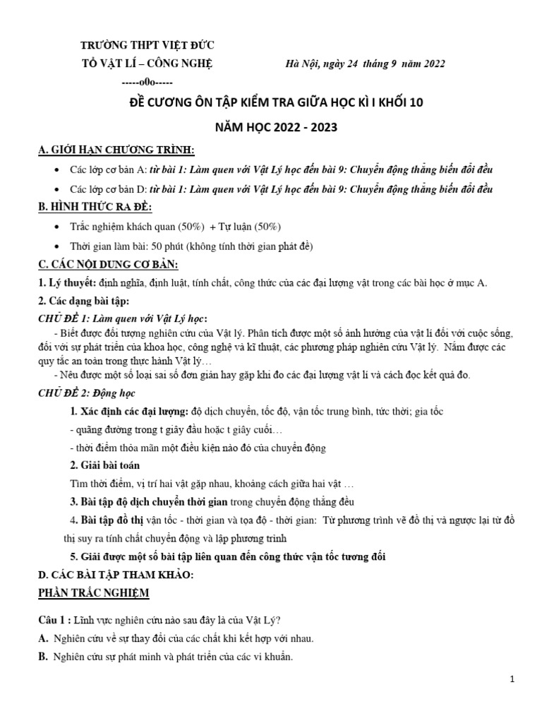 VL10-Ôn-GHK1-THPT Việt Đức-Hà Nội-2022-2023 | PDF
