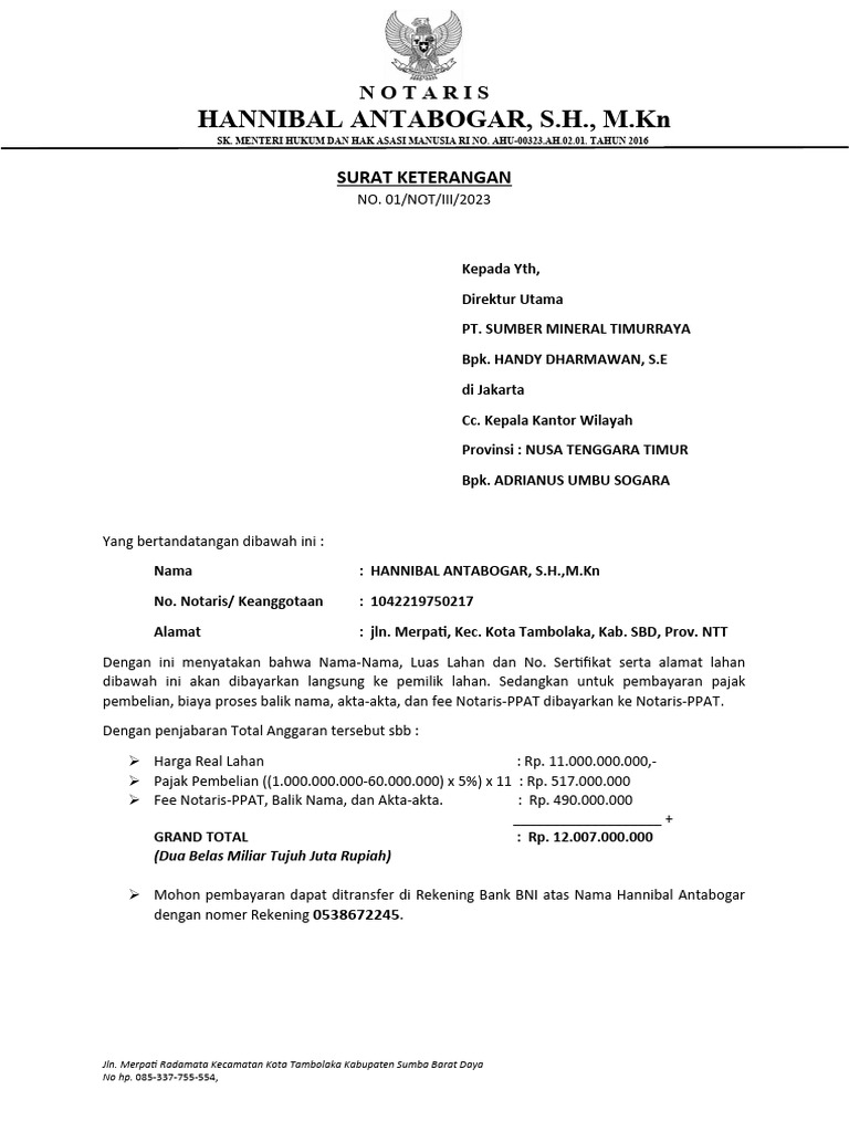 Surat Keterangan Notaris untuk Pembayaran | PDF
