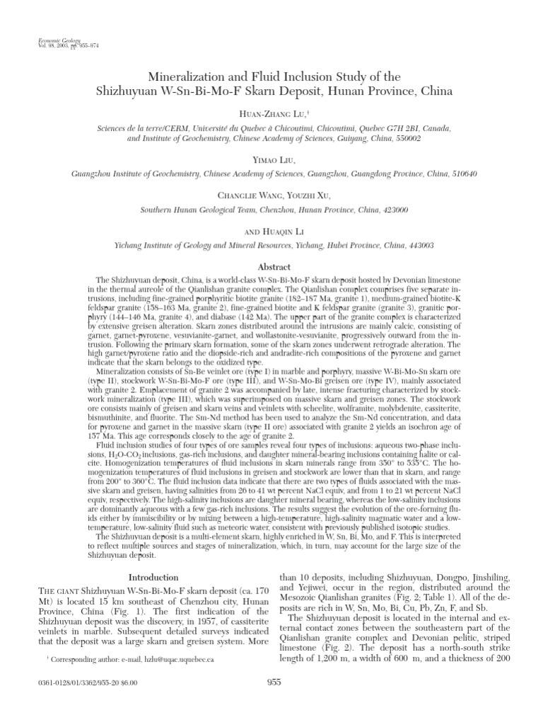 Mineralization and Fluid Inclusion Study of The Shizhuyuan W-Sn-Bi-Mo-F ...