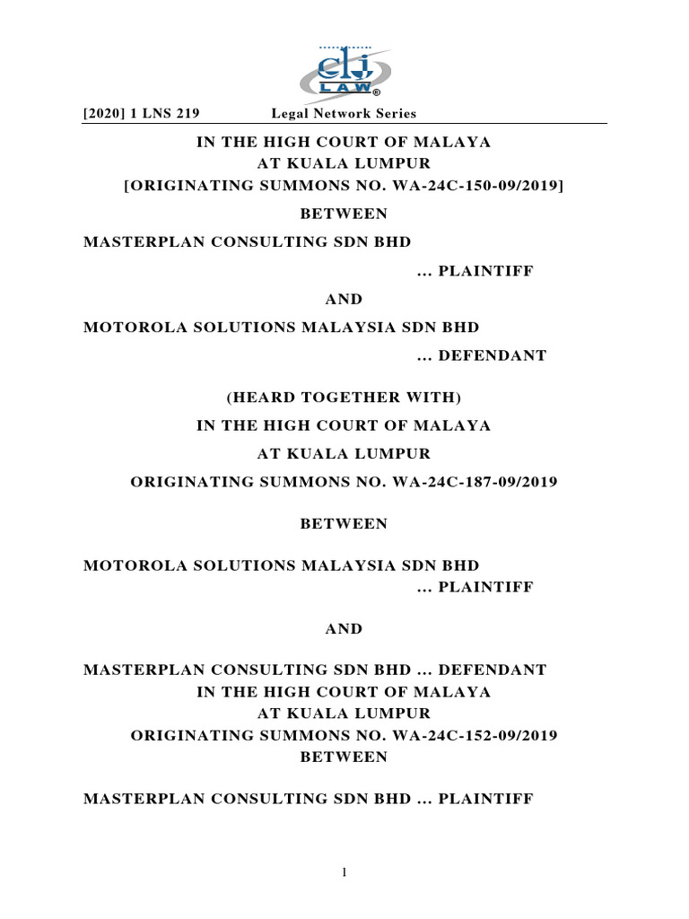 Masterplan Consulting SDN BHD v. Motorola SoAlutions Malaysia SDN BHD (2020) 1 LNS 219 | PDF