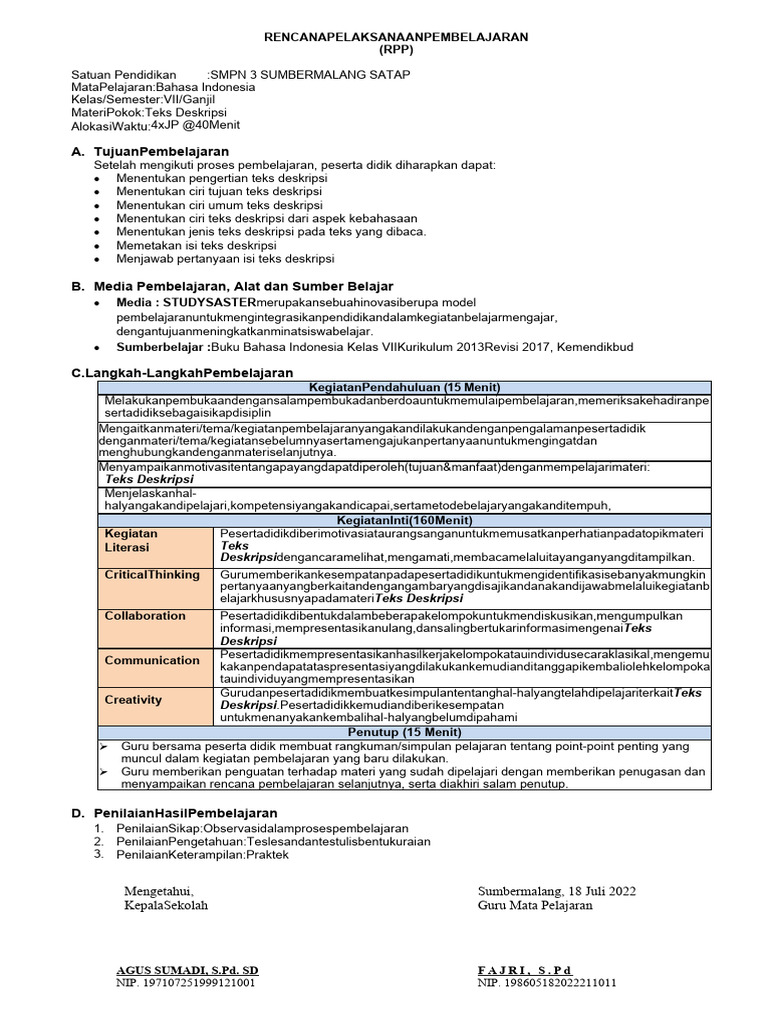 RPP 1 Lembar B.Indo Kelas 7 SM 1 | PDF