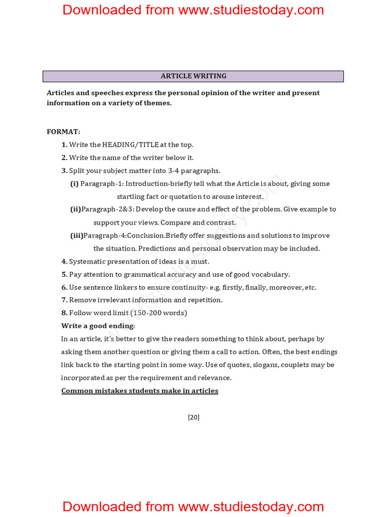 CBSE Class 10 English Article Writing Worksheet Set B | PDF
