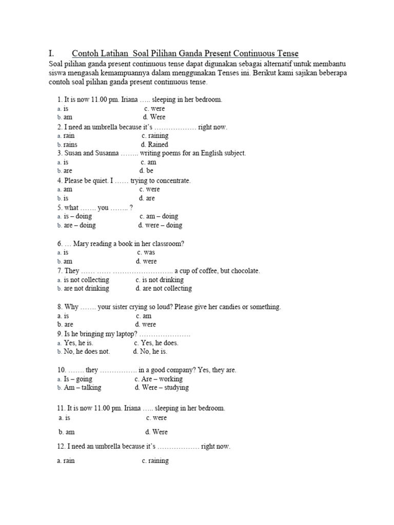Contoh Soal Pilihan Ganda Present Continuous Tense | PDF