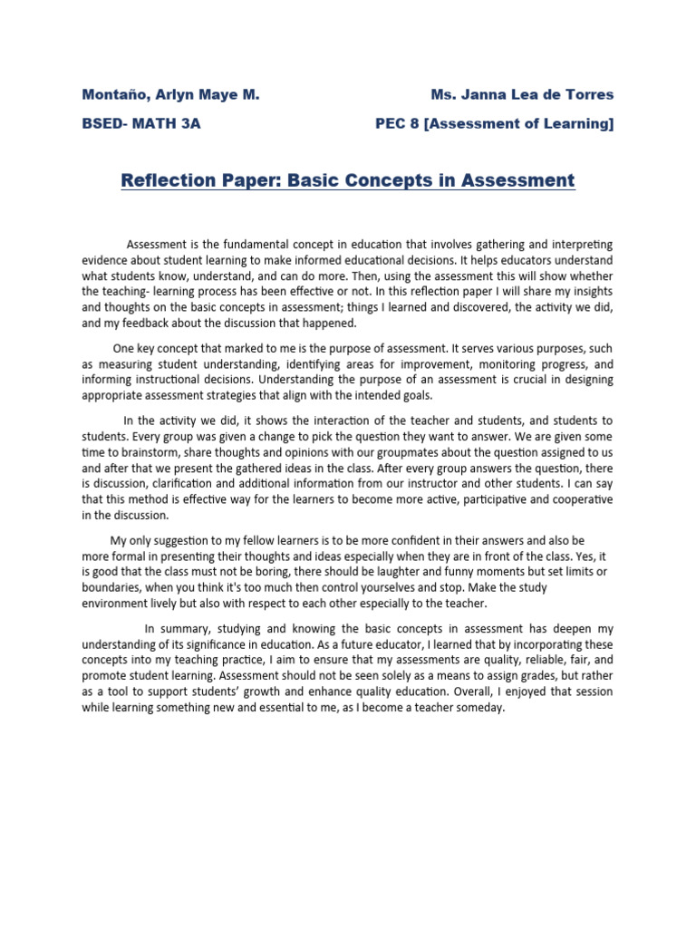 Reflection on Basic Assessment Concepts | PDF | Career & Growth | Wellness