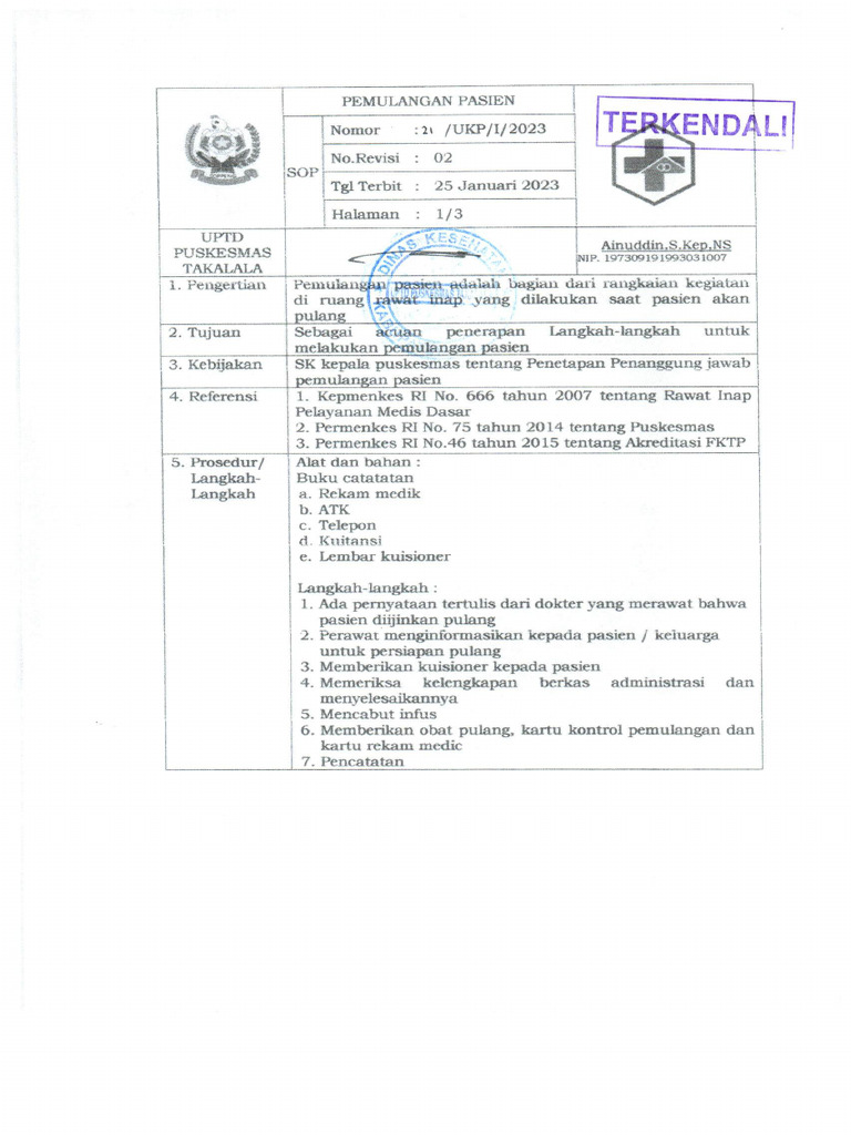 3.6.1.a SOP Pemulangan Dan Tindak Lanjut Pasien | PDF