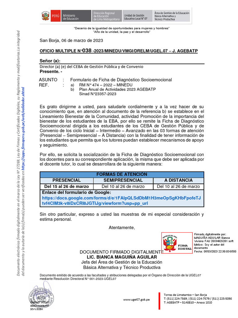 Oficio Multiple #038 - Eba Remisión y Aplicación de La Ficha Socioemocional (R) | PDF