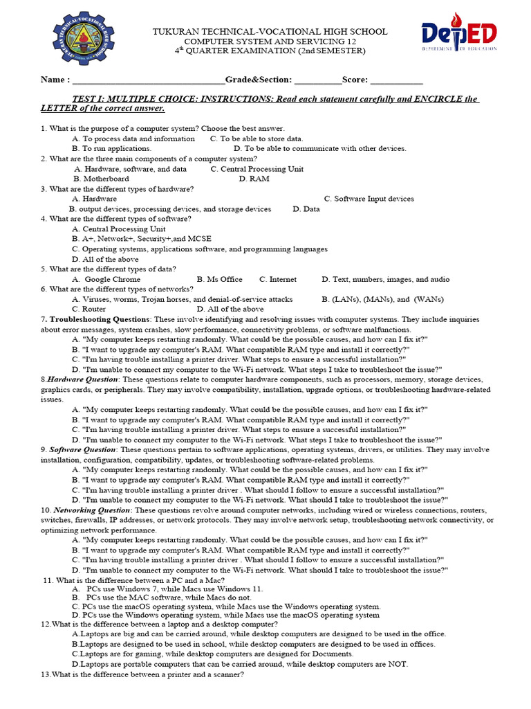 4TH Q CSS EXAM G12 Final | PDF