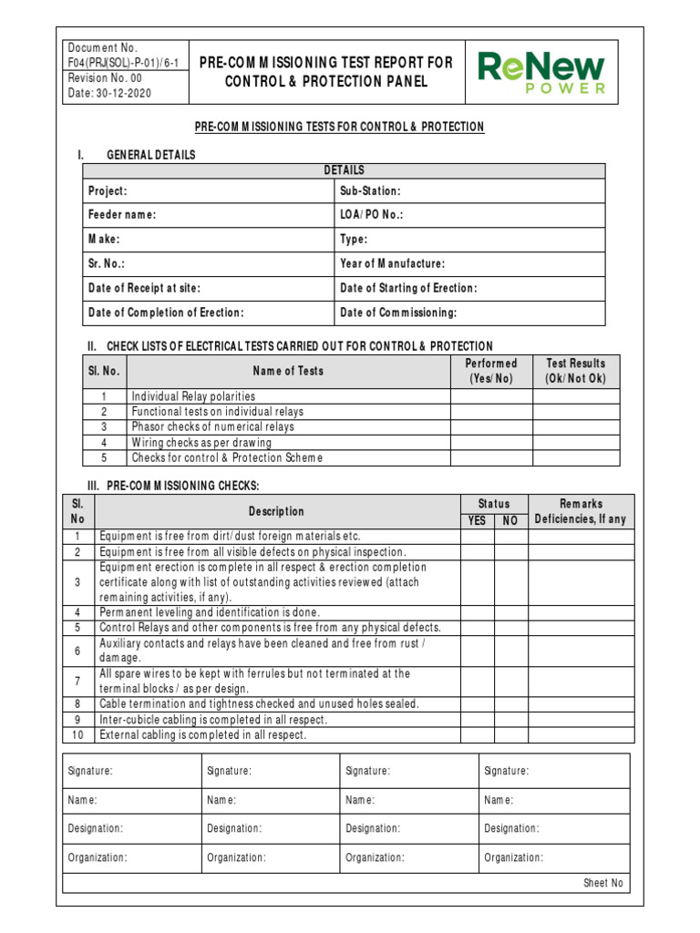 Pre Commissioning Test Report Control And Protection Rev 00 Pdf