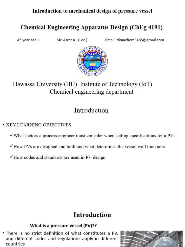 Chemical Engineering Apparatus Design (Cheg 4191) : Introduction To Mechanical Design of ...