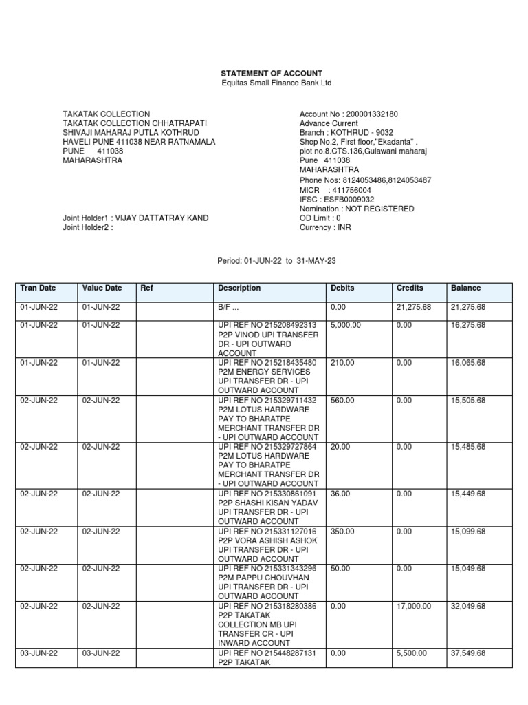 Equitas Bank Account Statement | PDF