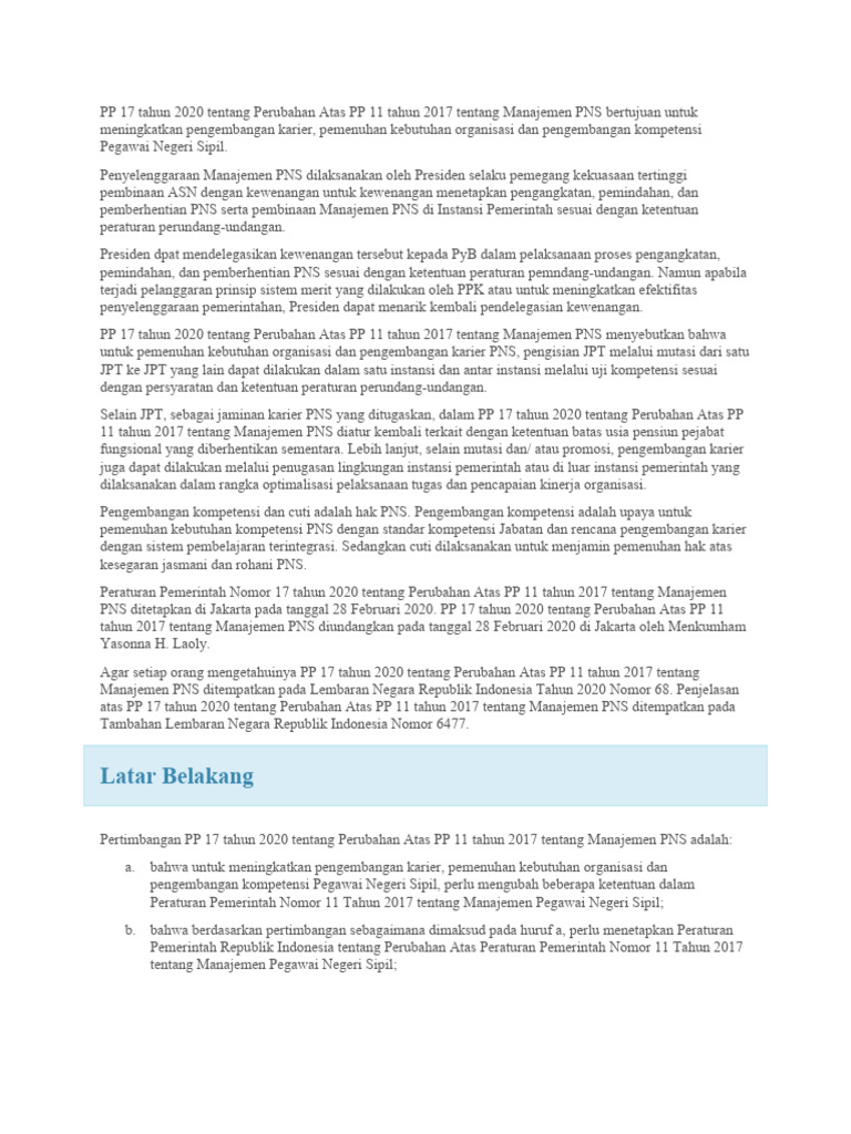 PP 17 Tahun 2020 Tentang Perubahan Atas PP 11 Tahun 2017 Tentang Manajemen PNS Bertujuan Untuk ...