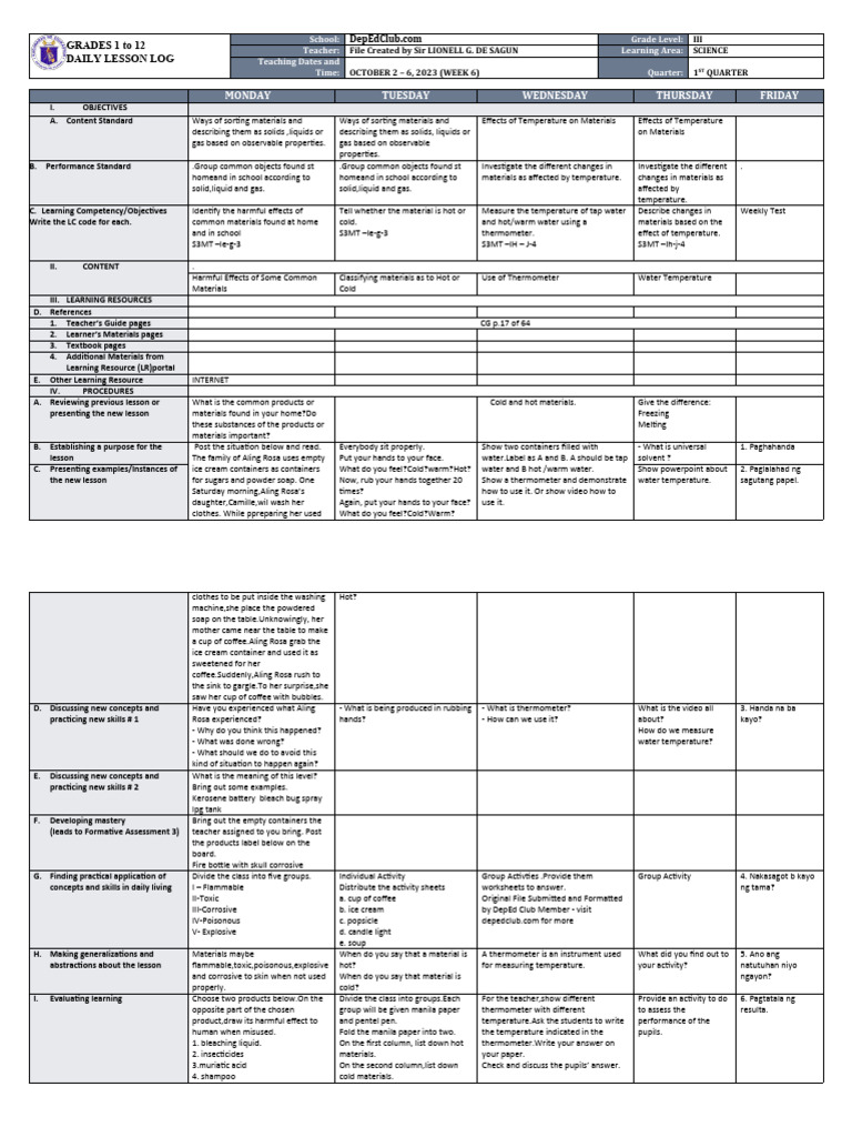 DLL - Science 3 - Q1 - W6 | PDF