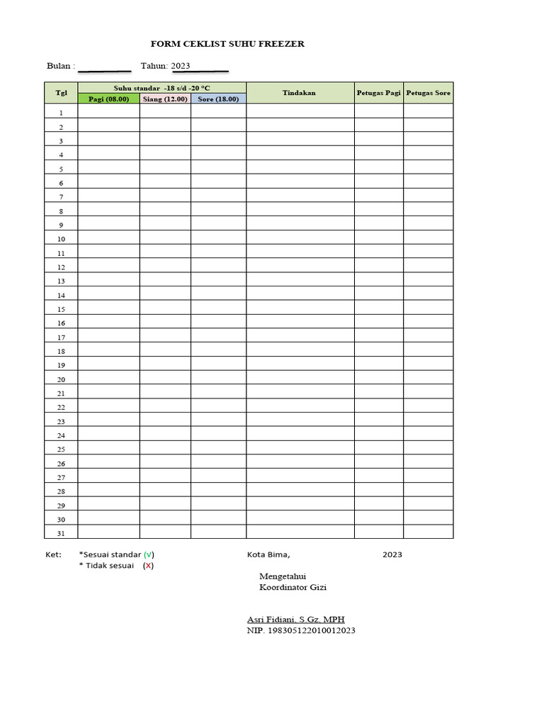 Form Ceklist Suhu Freezer | PDF