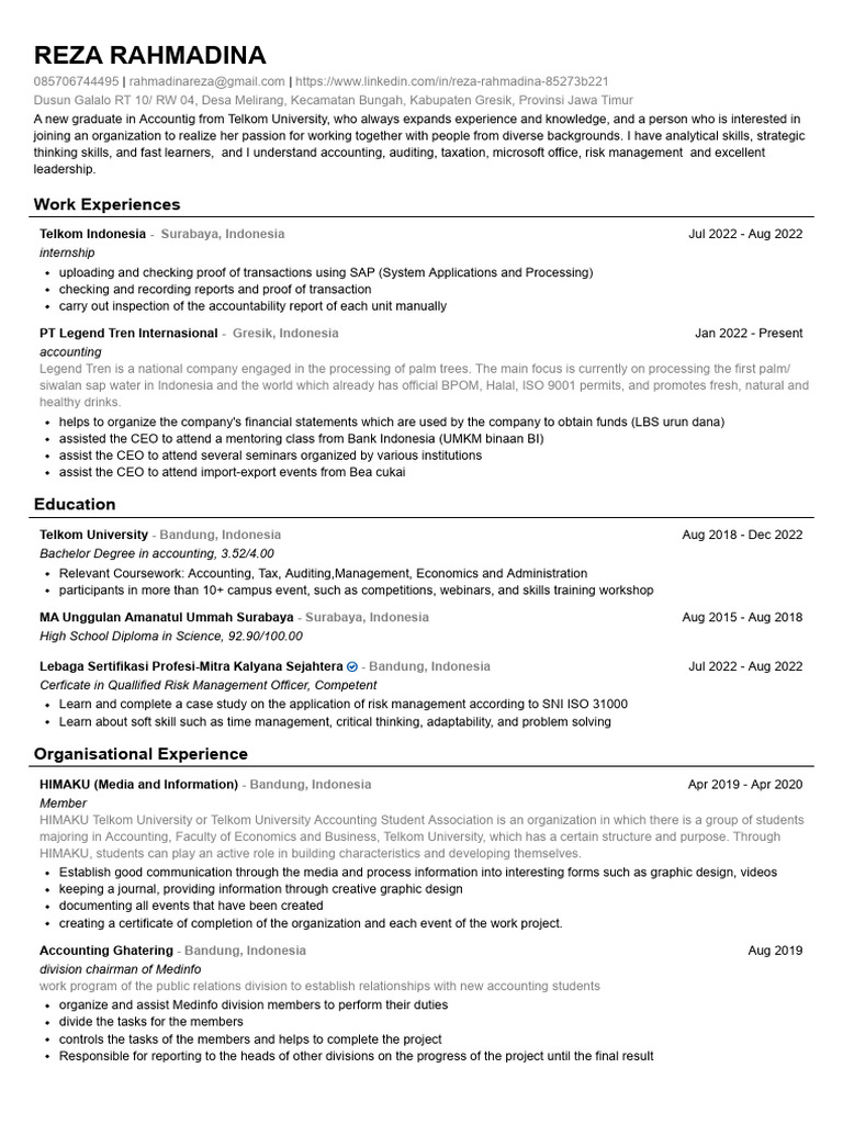 Reza Rahmadina: Accounting Graduate Profile | PDF