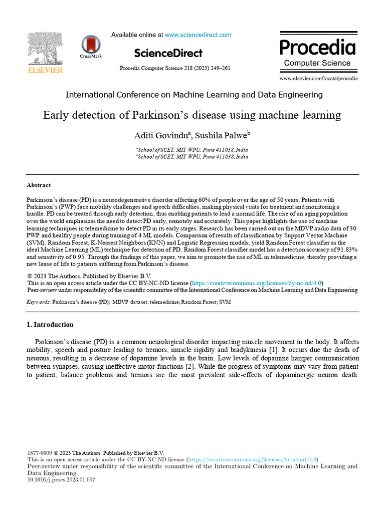 Early Detection of Parkinson's Disease Using Machine Learning | PDF