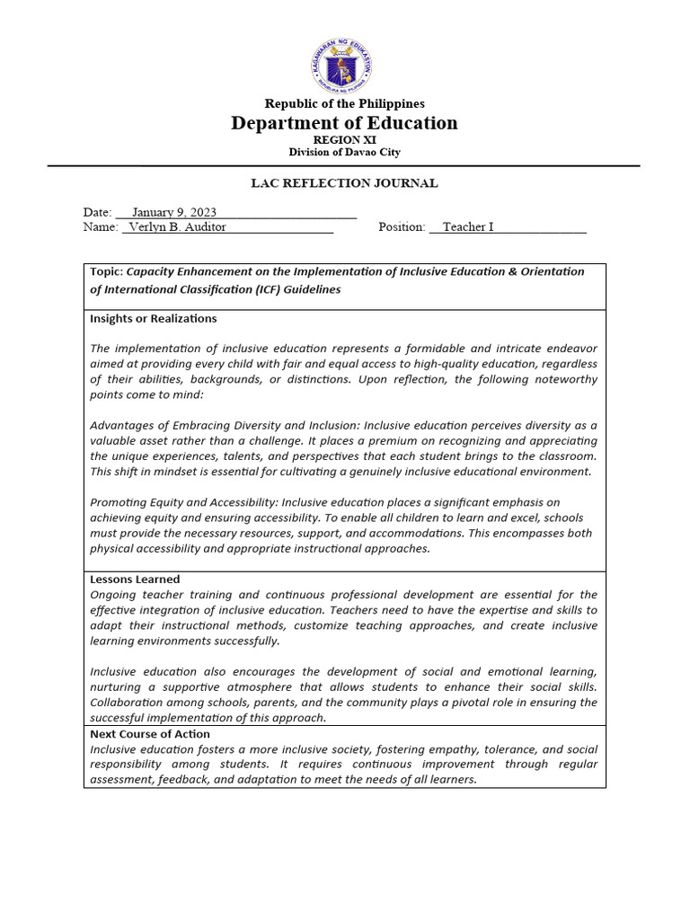 REFLECTION JOURNAL iNCLUSIVE ED | PDF | Inclusion (Education) | Change