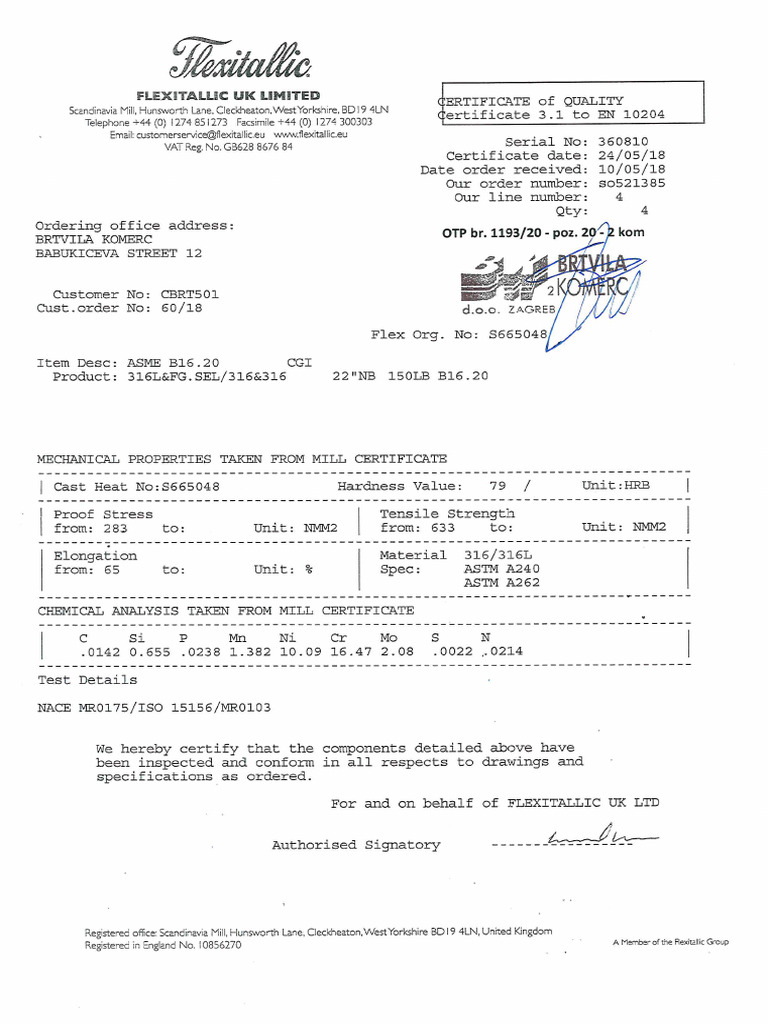 DOP Po EN 10204 3.1. Poz. 20 | PDF