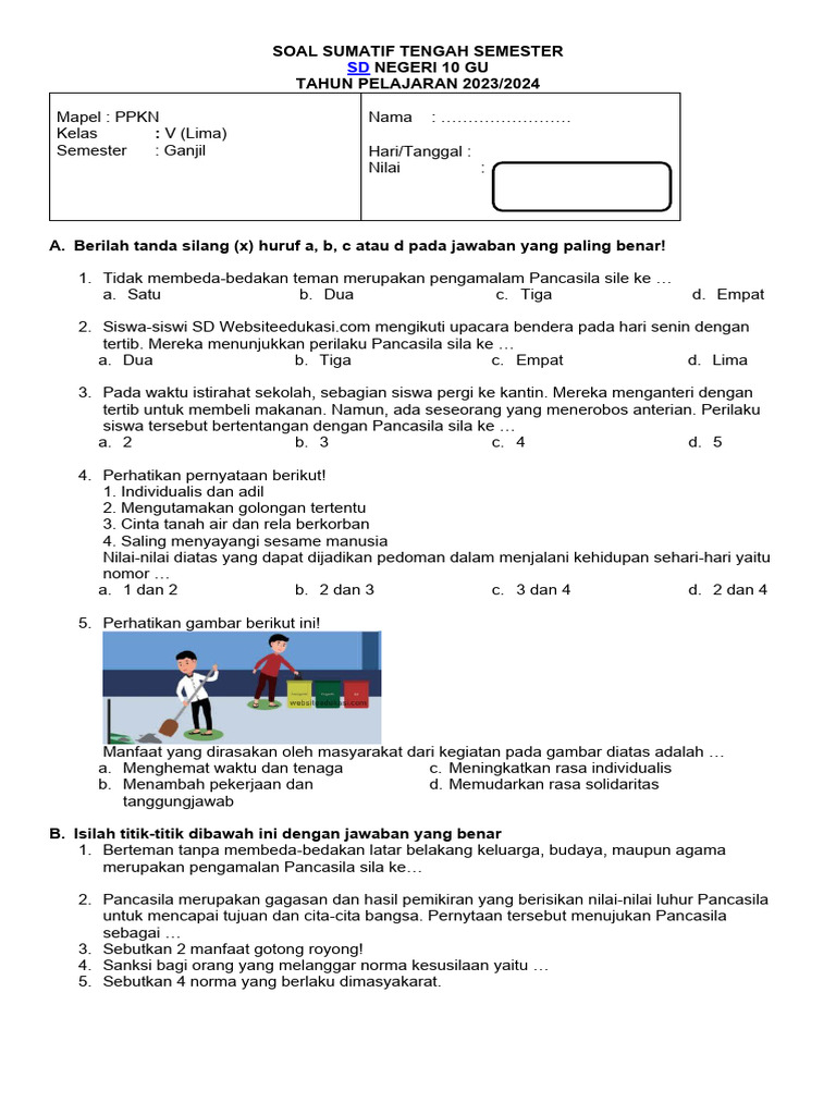 Soal STS 1 PPKN Kelas 5 | PDF