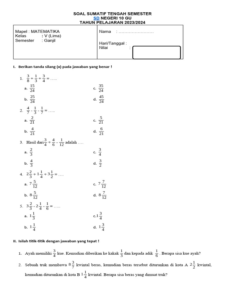 Soal PTS MTK Kelas 5 Ganjil K13 | PDF