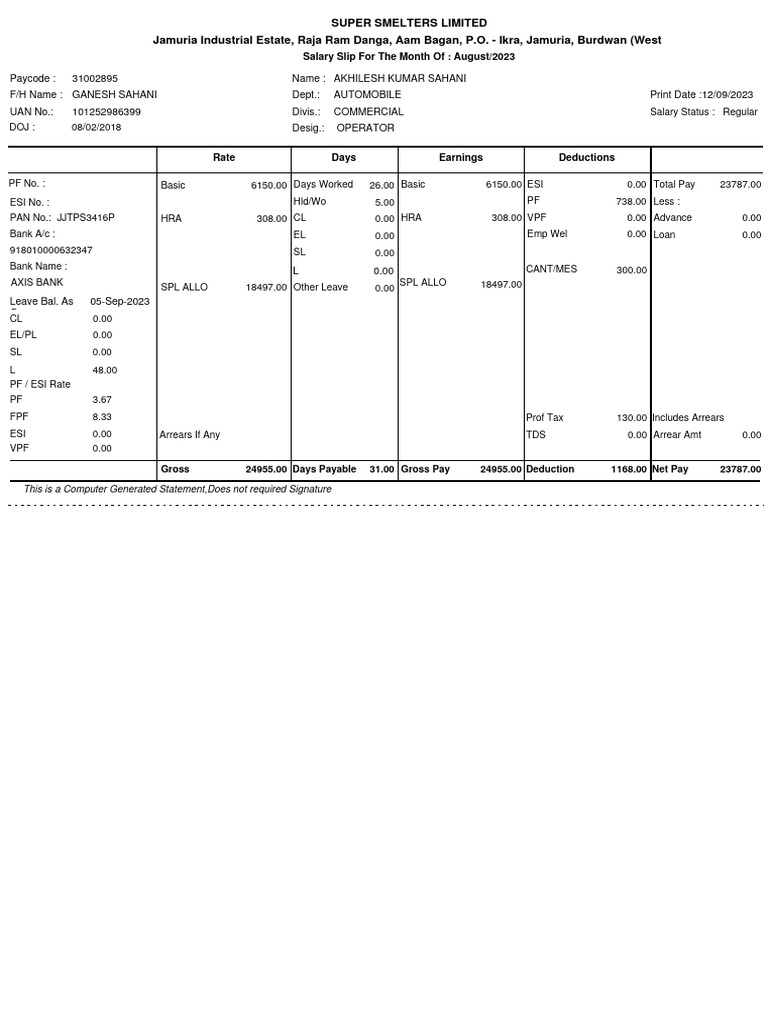 Salary Slip For The Month Of: August/2023: This Is A Computer Generated ...