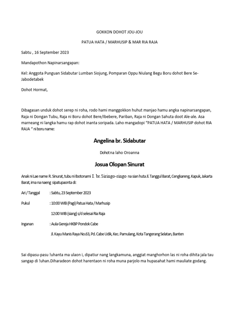 Undangan 2 Marhusip Dan Mar Ria Raja - 2M Angel Br. Sidabutar | PDF ...