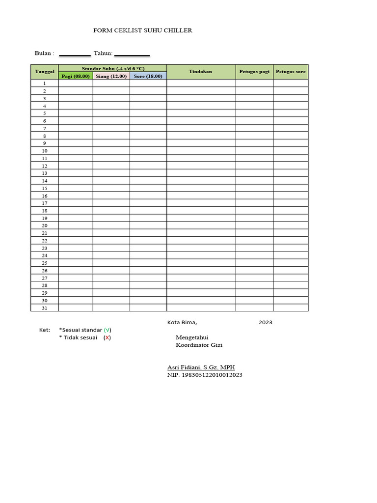 Form Ceklist Suhu Kulkas Show Case | PDF