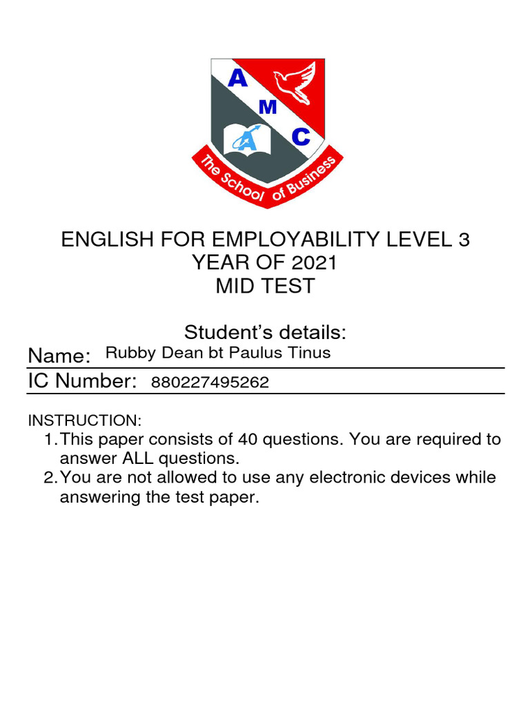 English For Employability Level 3 Mid Test | PDF