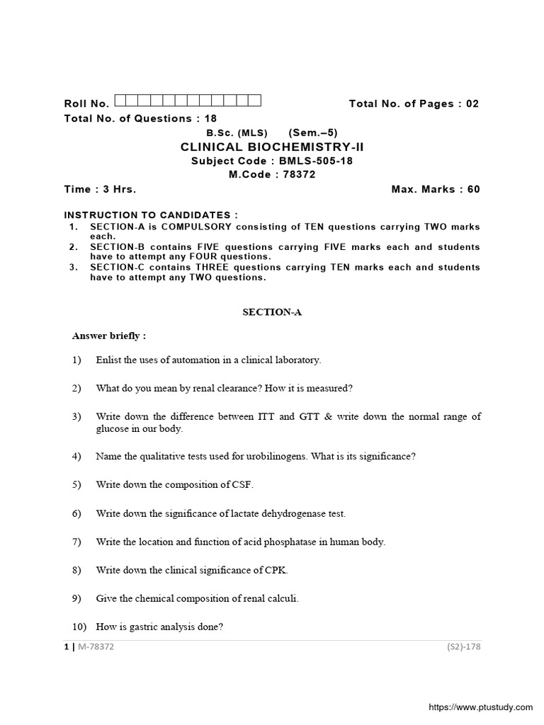 BSC 5 Sem Mls Clinical Biochemistry 2 78372 Jan 2021 | PDF