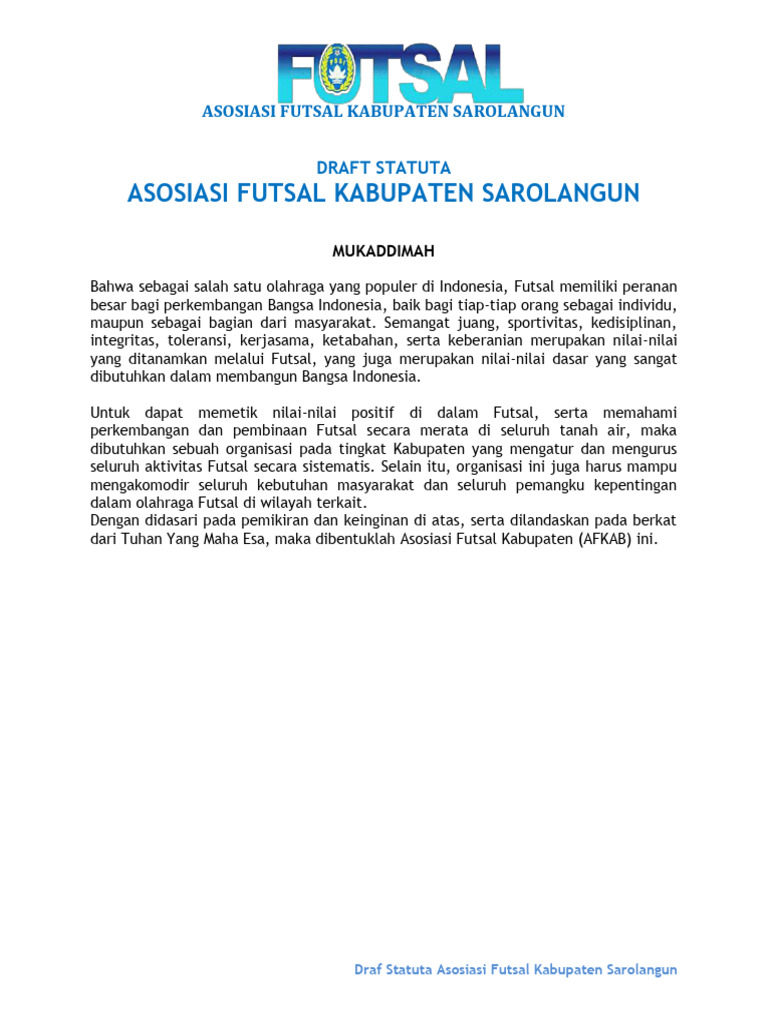 Asosiasi Futsal Kabupaten Sarolangun | PDF