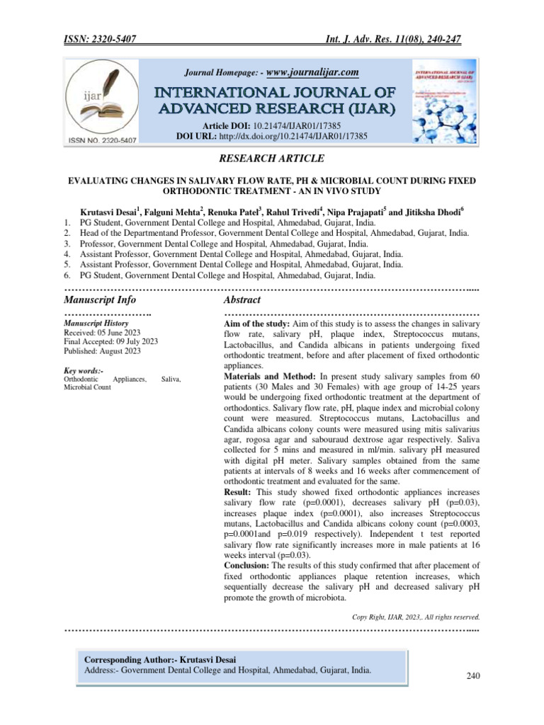 Evaluating Changes in Salivary Flow Rate, PH & Microbial Count During ... Evaluating Changes in Salivary Flow Rate, PH & Microbial Count During ...
