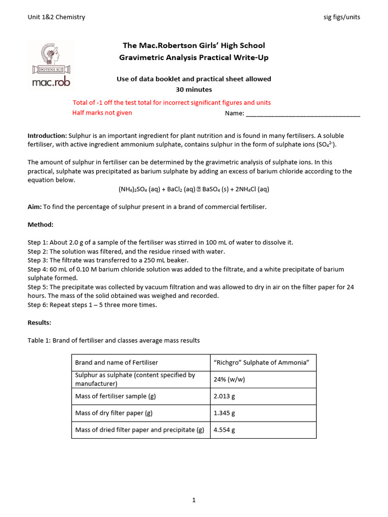 Gravimetric Analysis prac write-up + solutions | PDF