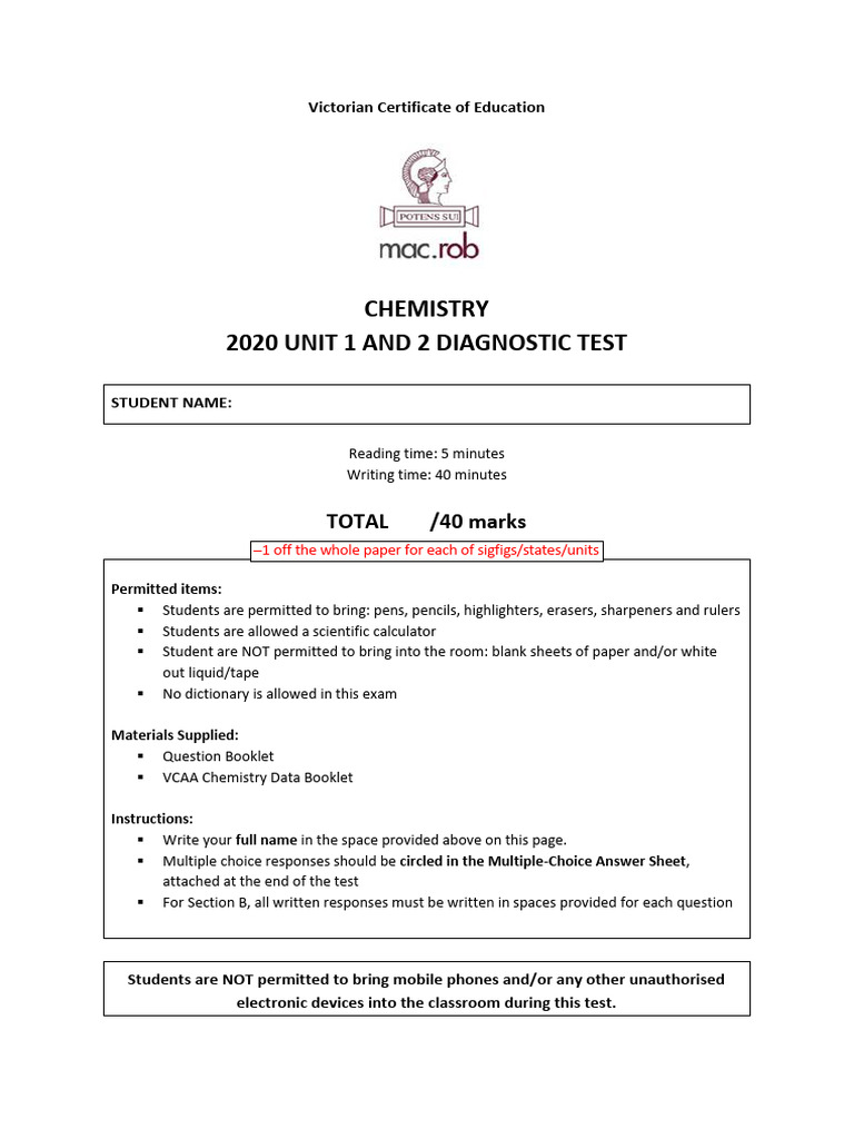 U12c 2020 Diagnostic Test Solns | PDF | Hydrochloric Acid | Salt ...