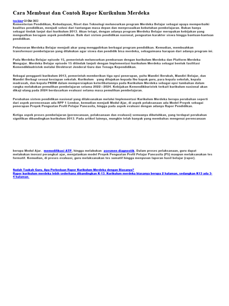 Cara Membuat Dan Contoh Rapor Kurikulum Merdeka | PDF