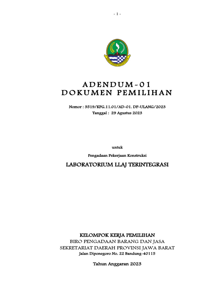 Adendum-01 Dokumen Pemilihan Laboratorium LLAJ Terintegrasi | PDF
