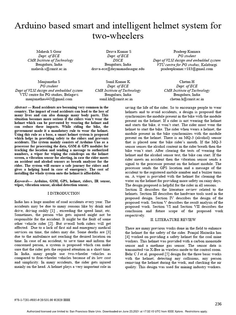 Arduino Based Smart and Intelligent Helmet System | PDF