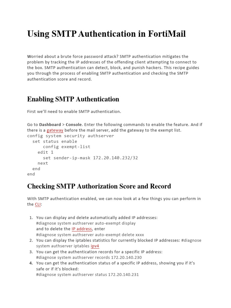 Enabling SMTP Authentication in FortiMail | PDF