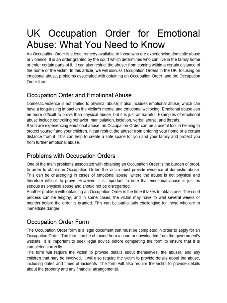 UK Occupation Order For Emotional Abuse - What You Need To Know | PDF