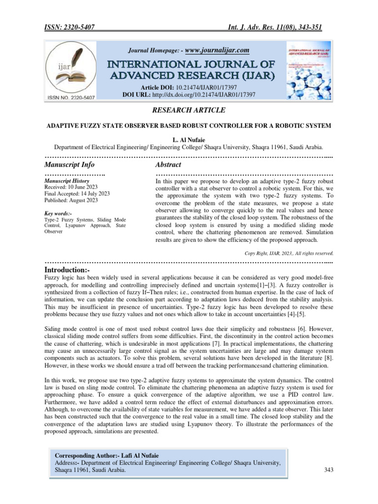 Adaptive Fuzzy State Observer Based Robust Controller For A Robotic System Pdf