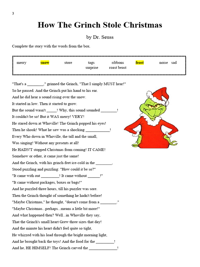 How the Grinch Stole Christmas - English lesson tasks 2 | PDF