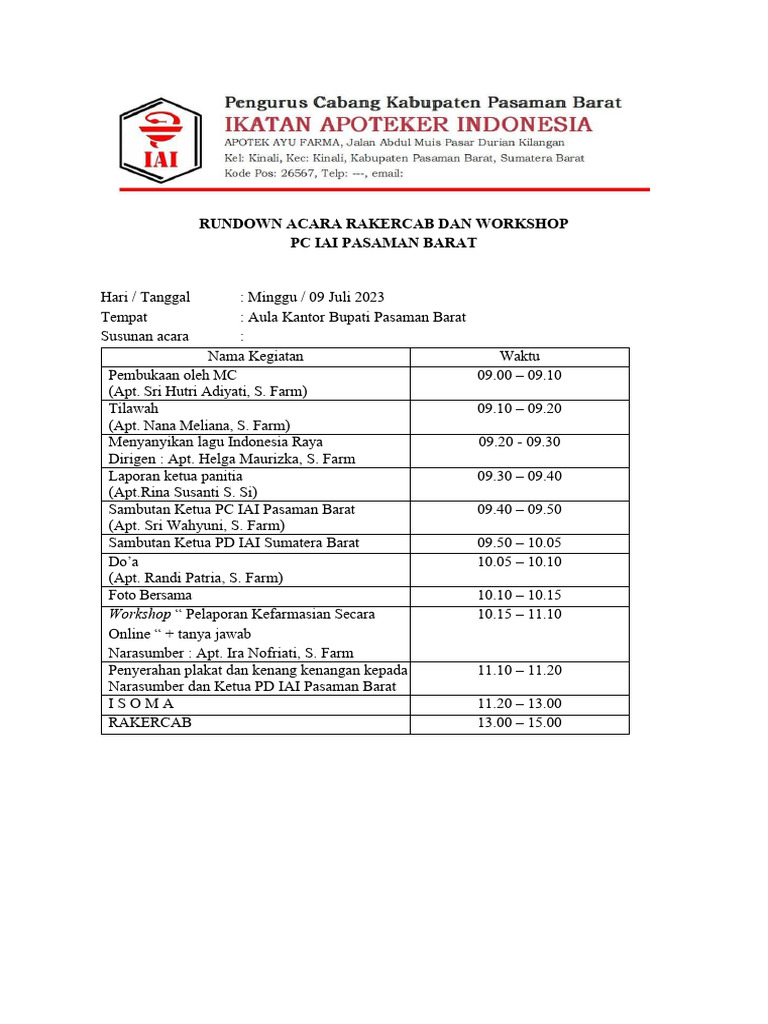 Rundown Acara Rakercab Dan Workshop | PDF