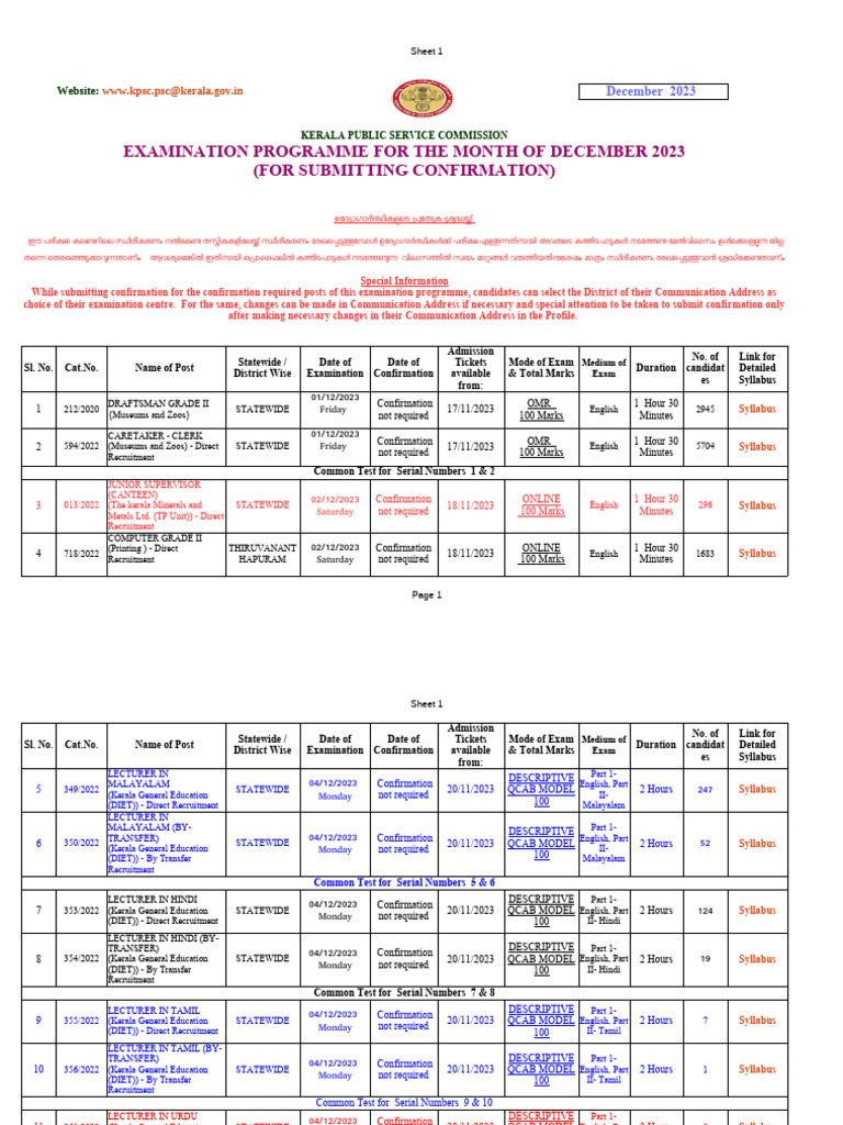 Kerala PSC December 2023 Exam Schedule | PDF