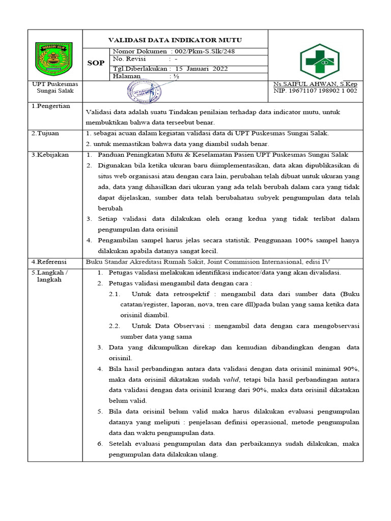 Sop Validasi Data Indikator Mutu | PDF
