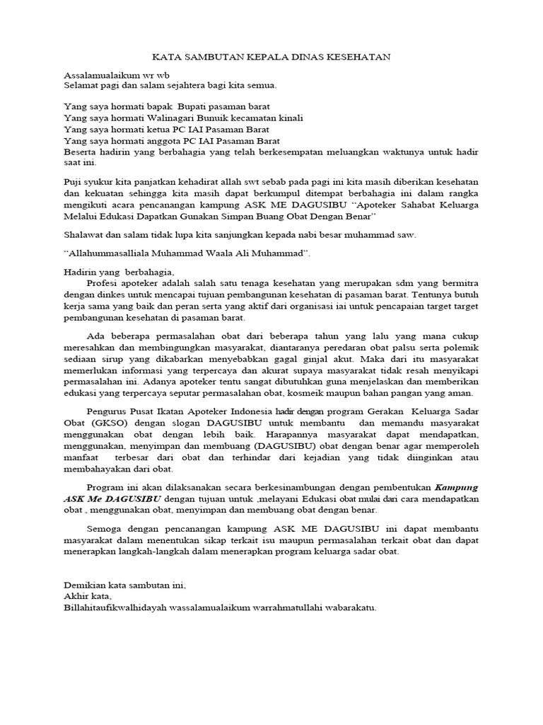 KATA SAMBUTAN KEPALA DINAS KESEHATAN Kampung Ask Me Dagusibu | PDF