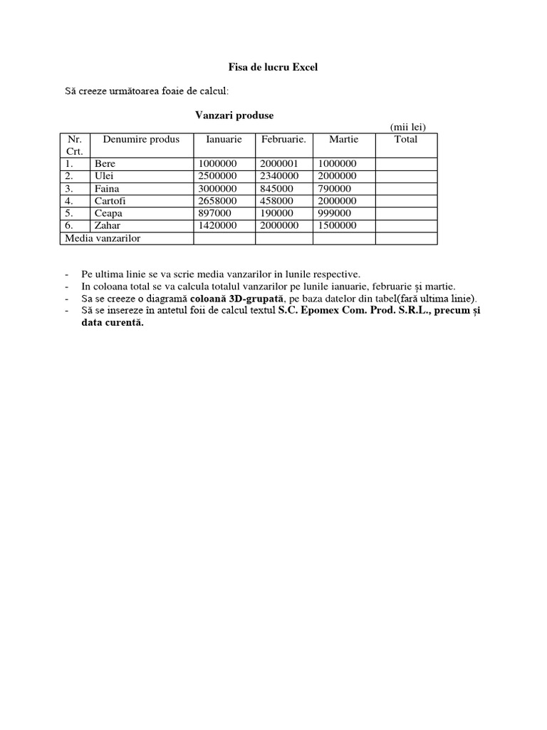 Fisa de Lucru Excel Diagrame | PDF